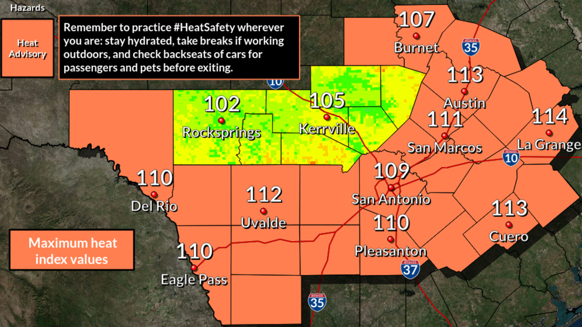 Heat indices expected to reach 108 to 112 degrees today | kens5.com