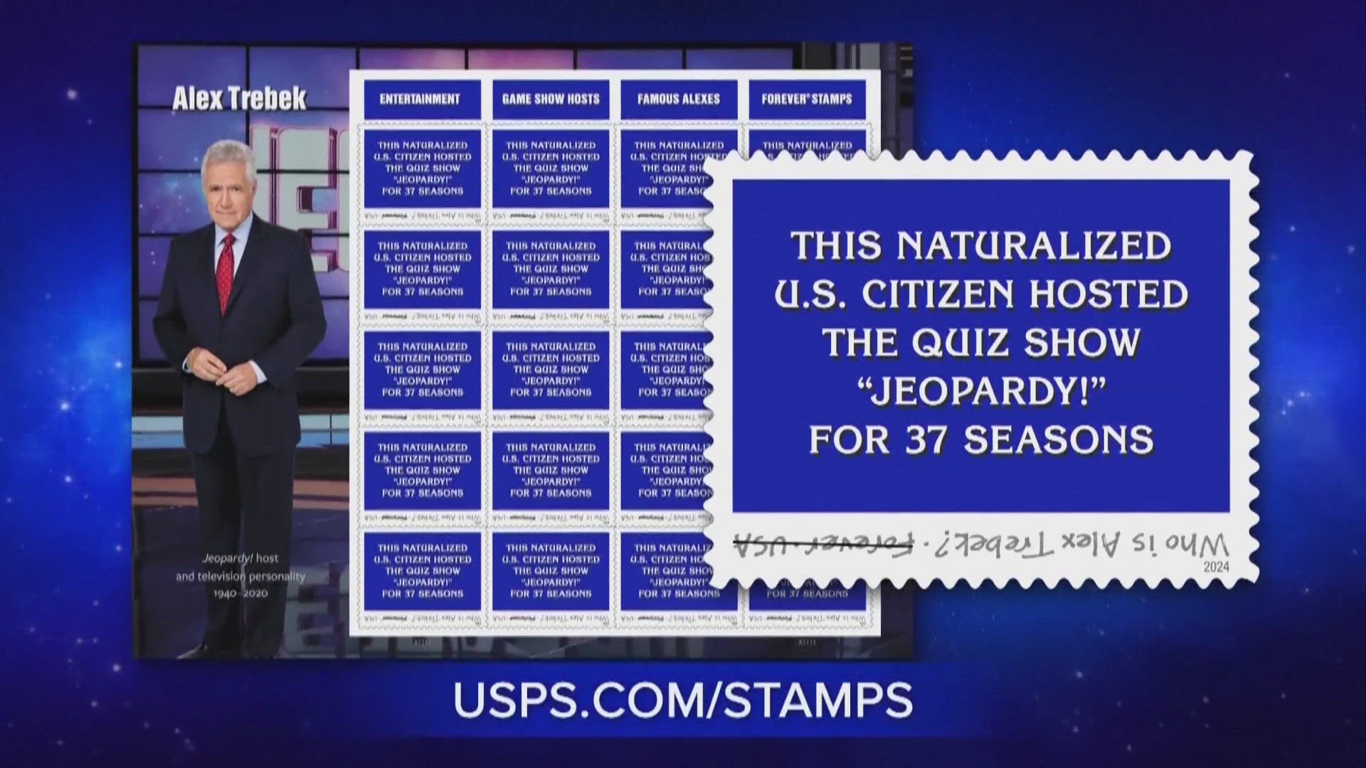 Former Jeopardy host Alex Trebek honored with postal stamp | kens5.com