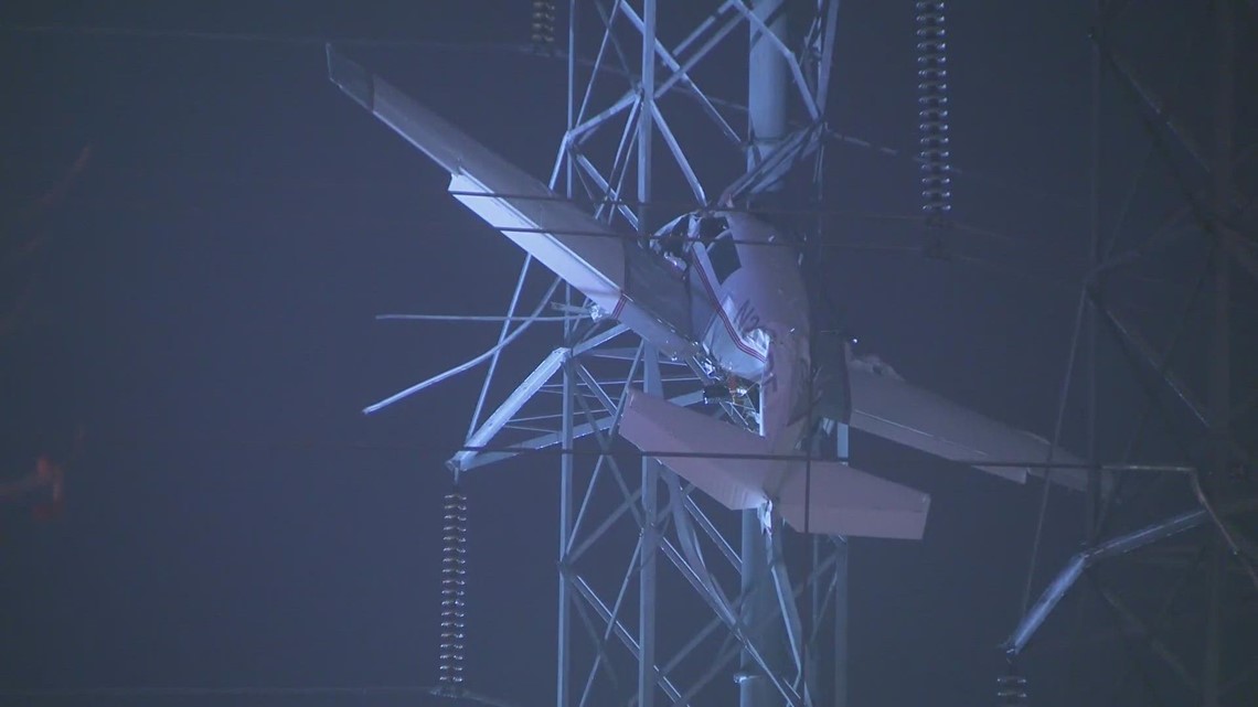 Pilot, passenger rescued after plane was tangled in power lines | kens5.com