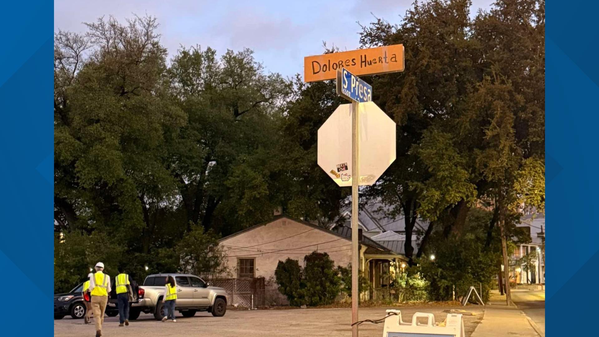 Cesar Chavez Boulevard sign briefly covered with cardboard bearing ...