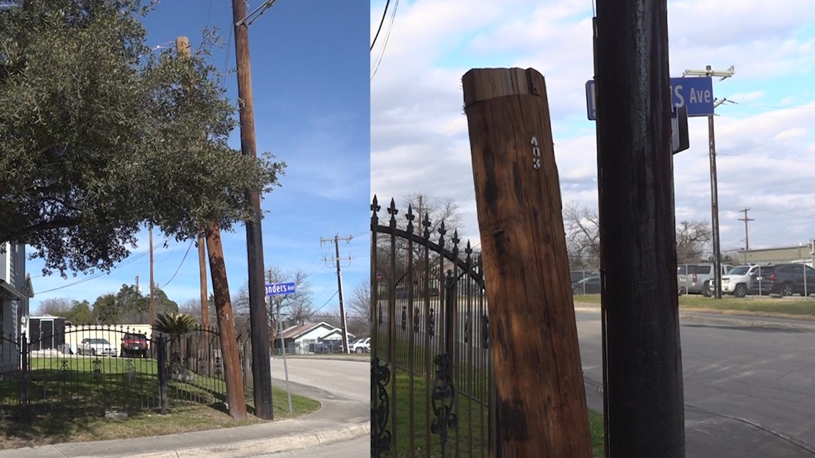 Woman gets leaning utility pole next to her property removed | kens5.com