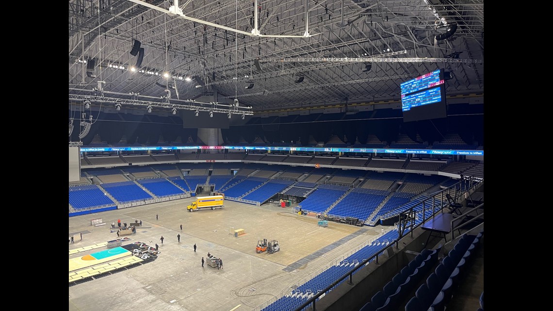 Basketball court being installed at the Alamdome for Spurs game | kens5.com
