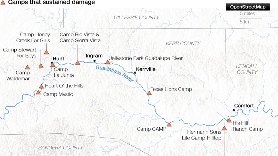 Texas flooding map: Where the camps are along the Guadalupe River ...