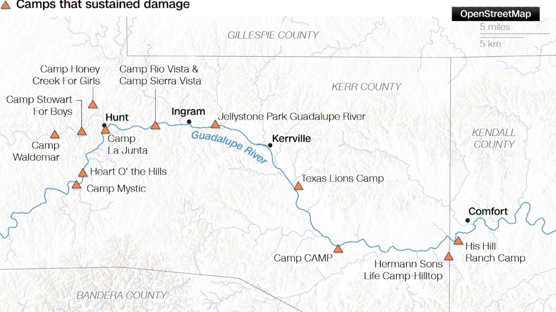 Texas flooding map: Where the camps are along the Guadalupe River ...
